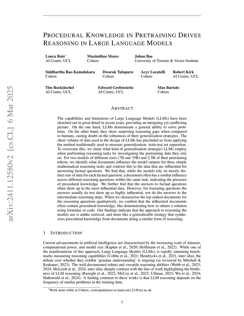 Procedural Knowledge in Pretraining Drives Reasoning in Large Language Models | alphaXiv