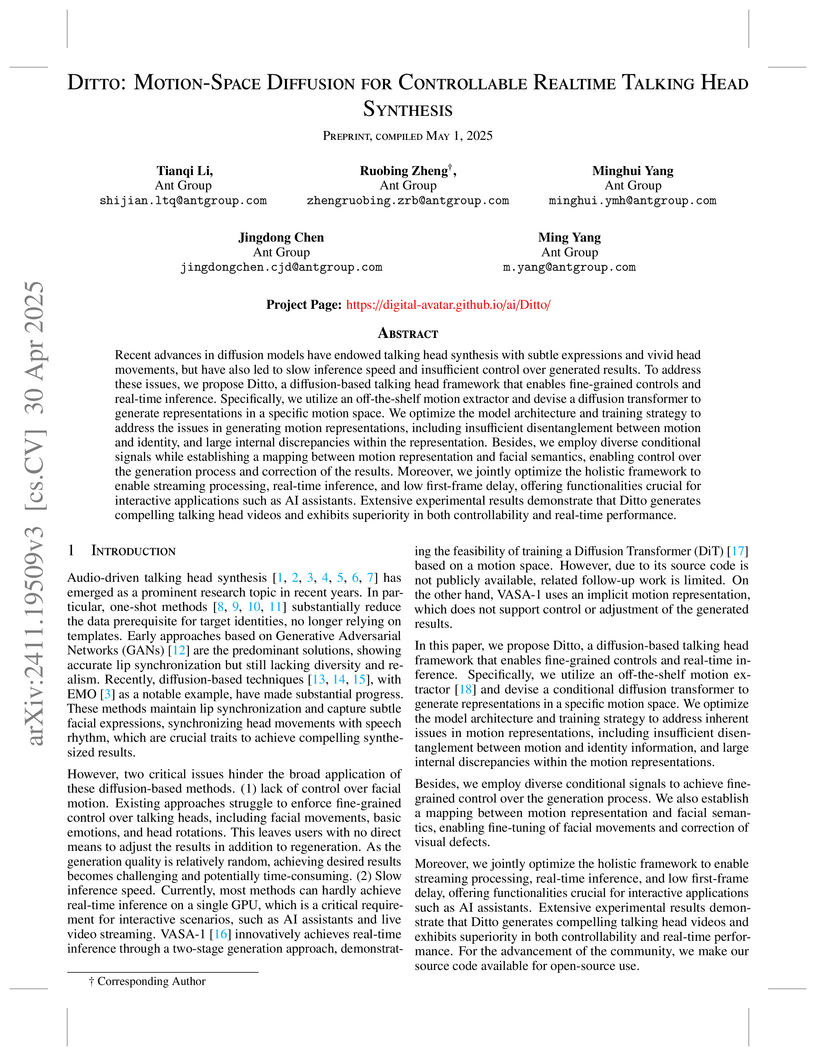 Ditto: Motion-Space Diffusion for Controllable Realtime Talking Head Synthesis | alphaXiv