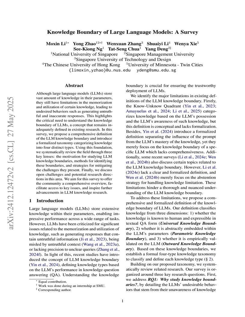 Knowledge Boundary of Large Language Models: A Survey | alphaXiv