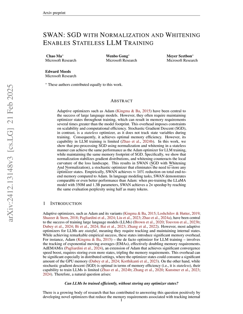 SWAN: SGD with Normalization and Whitening Enables Stateless LLM ...