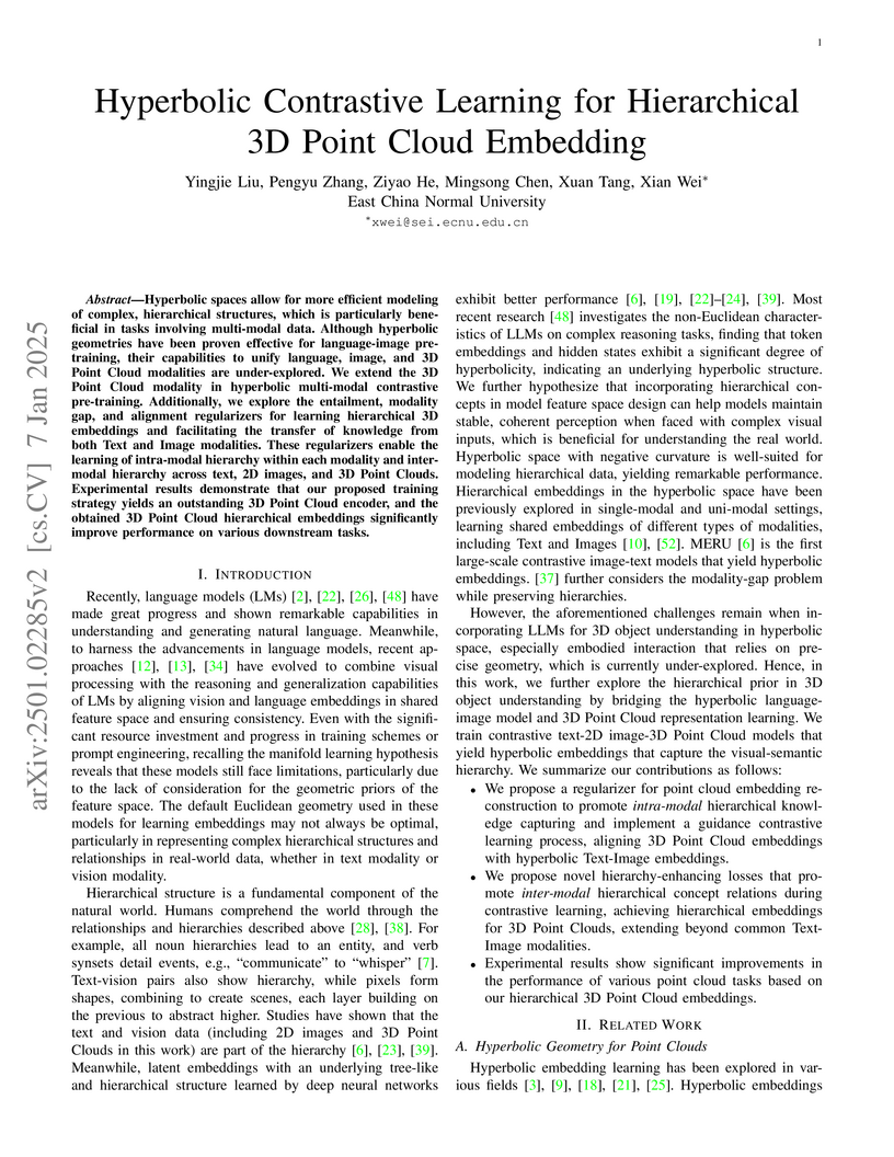 Hyperbolic Contrastive Learning for Hierarchical 3D Point Cloud Embedding | alphaXiv