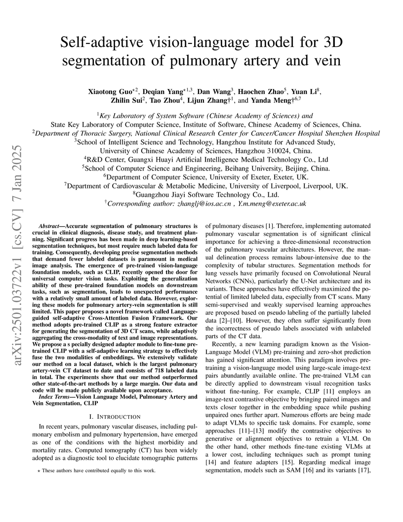 Self-adaptive vision-language model for 3D segmentation of pulmonary ...
