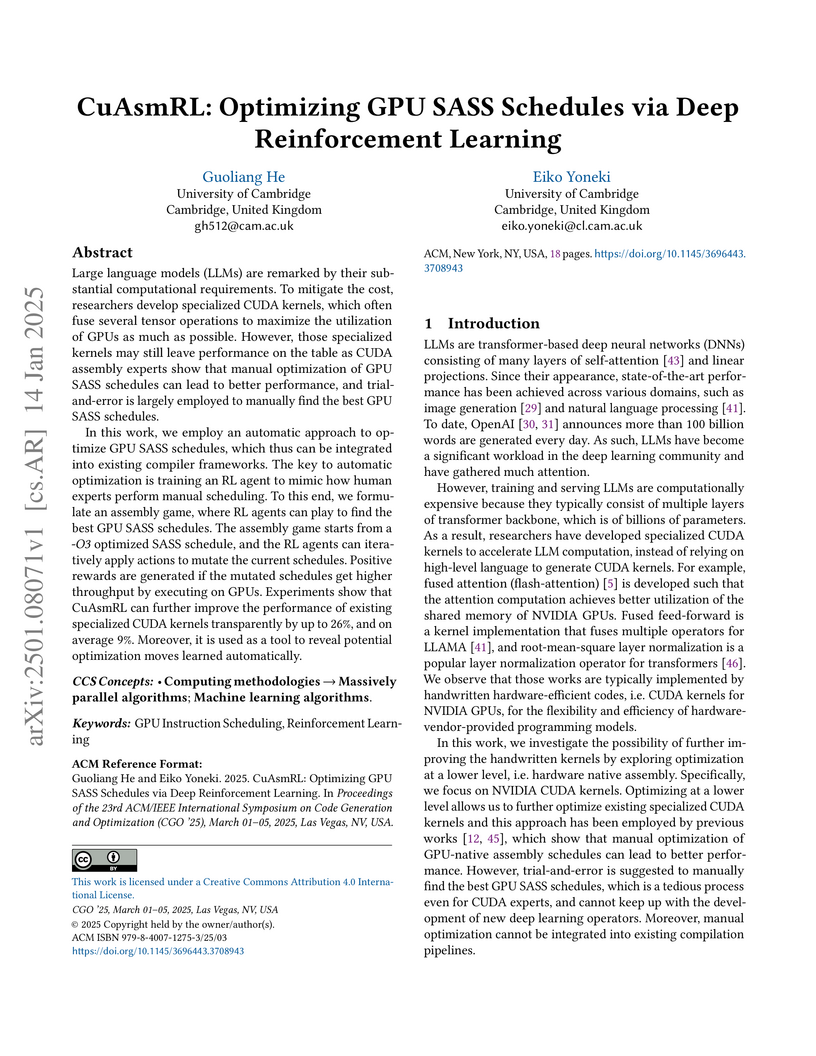CuAsmRL: Optimizing GPU SASS Schedules via Deep Reinforcement Learning | alphaXiv