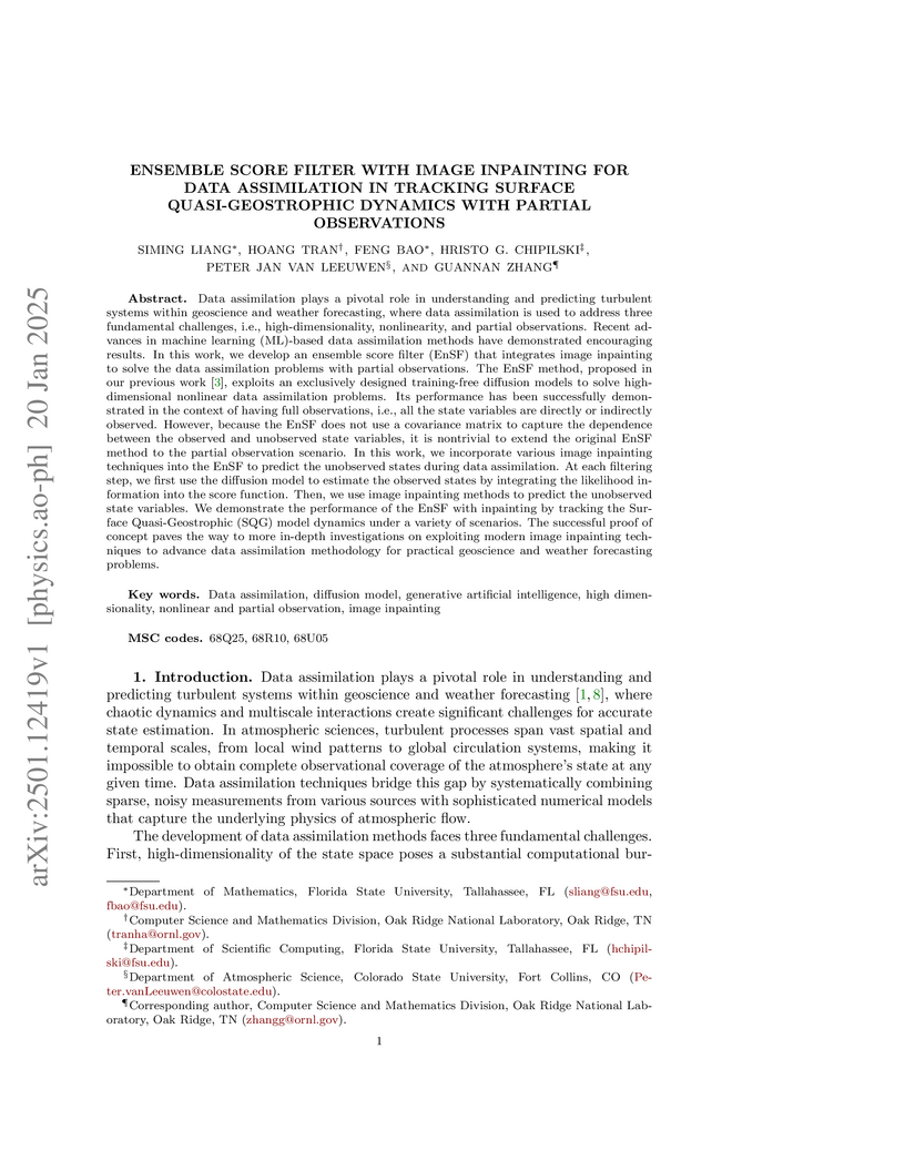 Ensemble score filter with image inpainting for data assimilation in ...