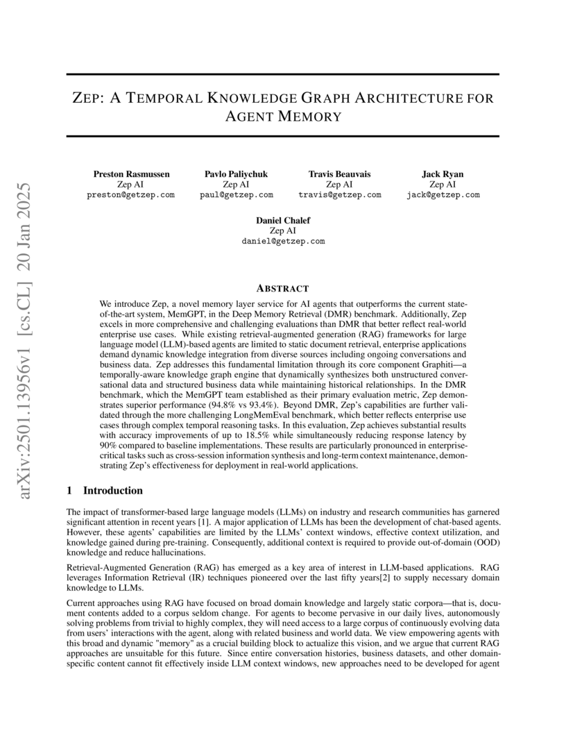 Zep: A Temporal Knowledge Graph Architecture for Agent Memory | alphaXiv