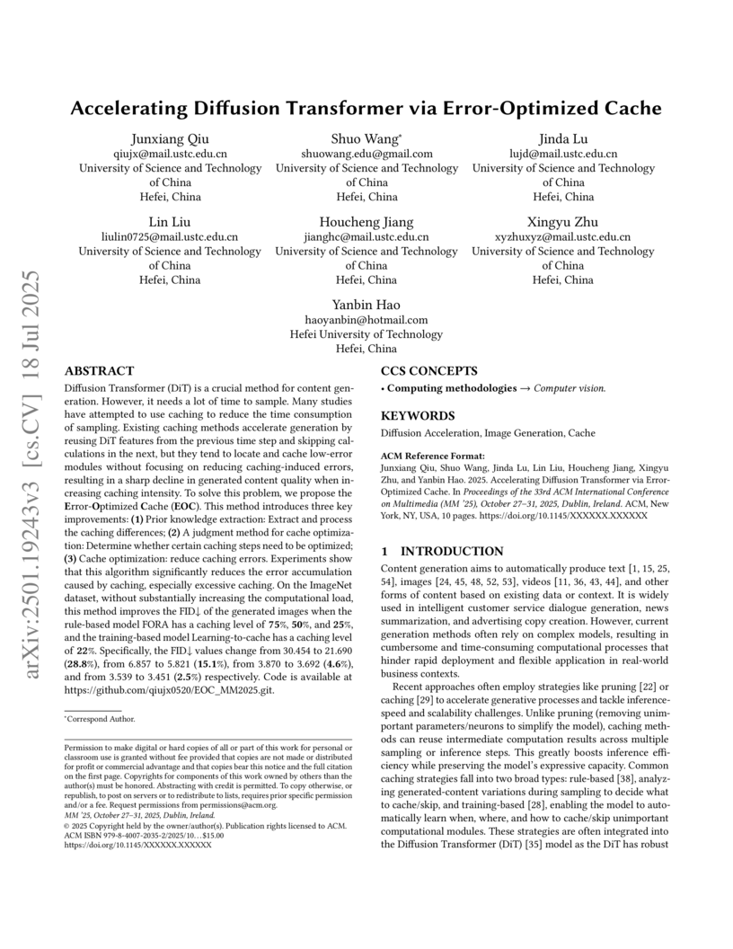 Accelerating Diffusion Transformer via Error-Optimized Cache | alphaXiv