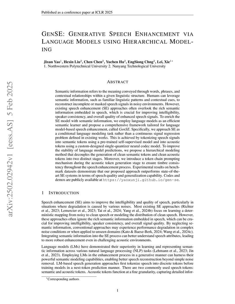 GenSE: Generative Speech Enhancement via Language Models using Hierarchical Modeling | alphaXiv