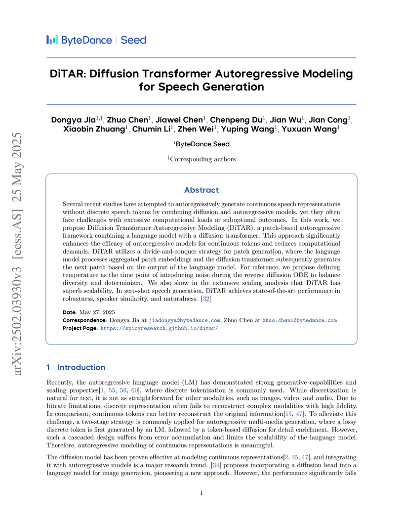 DiTAR: Diffusion Transformer Autoregressive Modeling for Speech Generation | alphaXiv