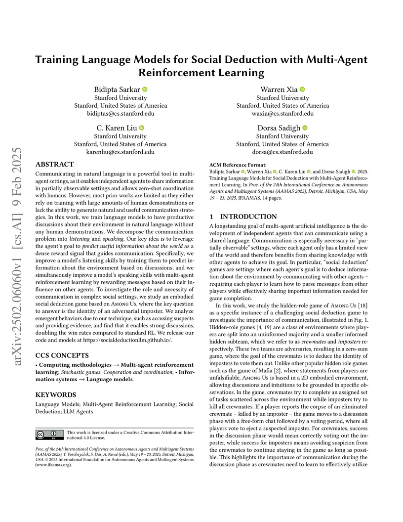 Training Language Models for Social Deduction with Multi-Agent Reinforcement Learning | alphaXiv