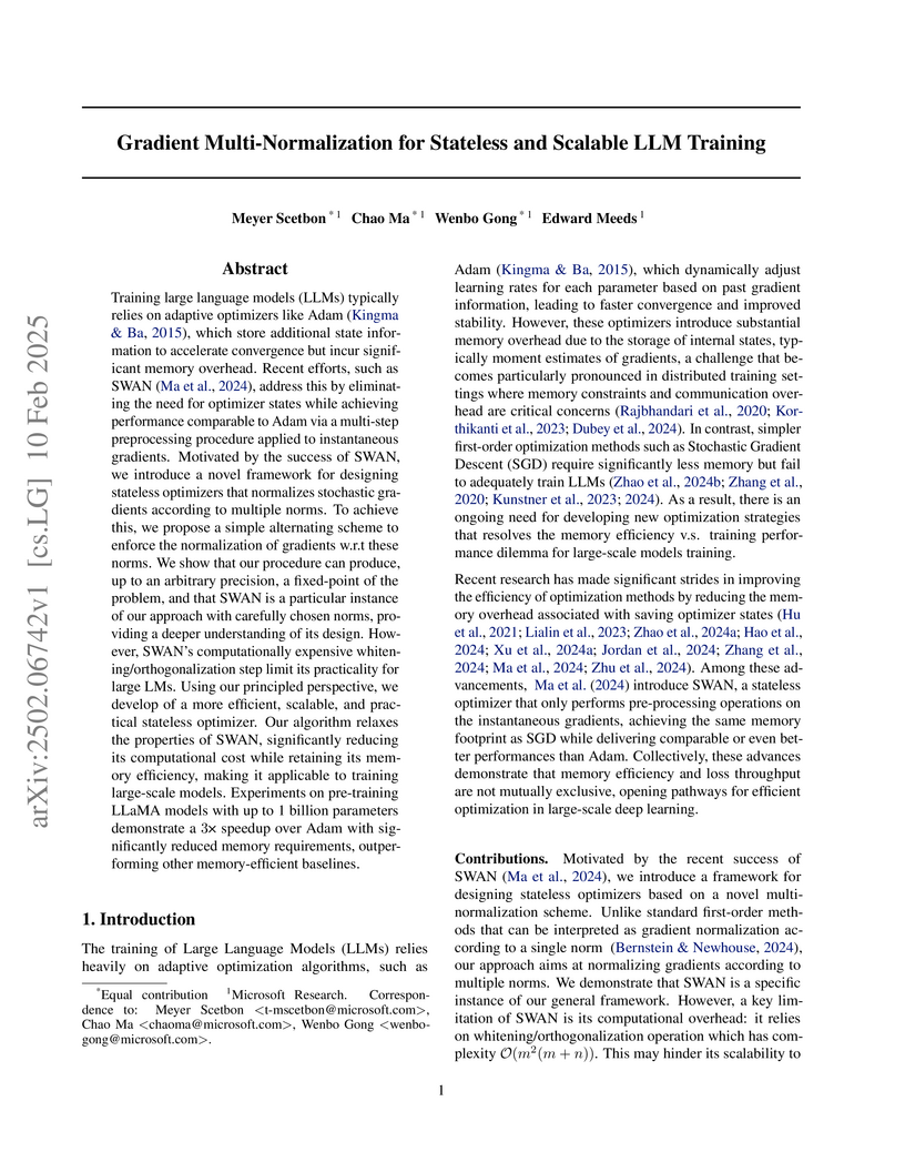 Gradient Multi-Normalization for Stateless and Scalable LLM Training | alphaXiv