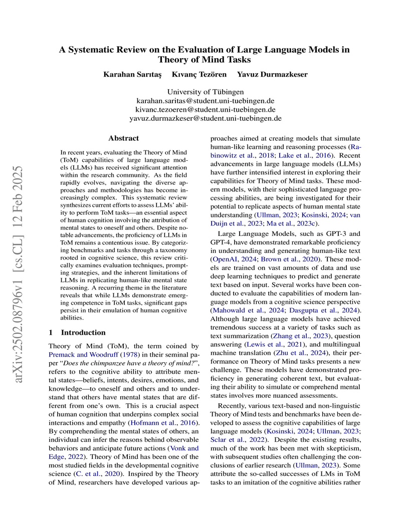 A Systematic Review on the Evaluation of Large Language Models in Theory of Mind Tasks | alphaXiv