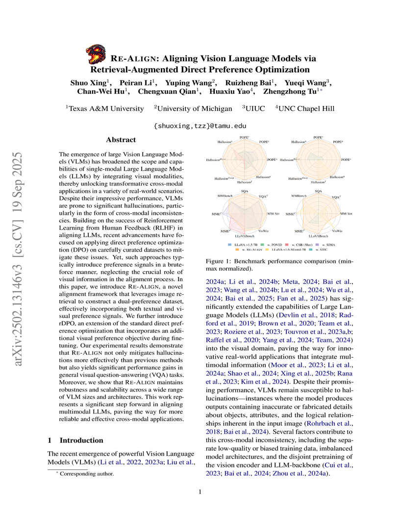 Re-Align: Aligning Vision Language Models via Retrieval-Augmented Direct Preference Optimization ...