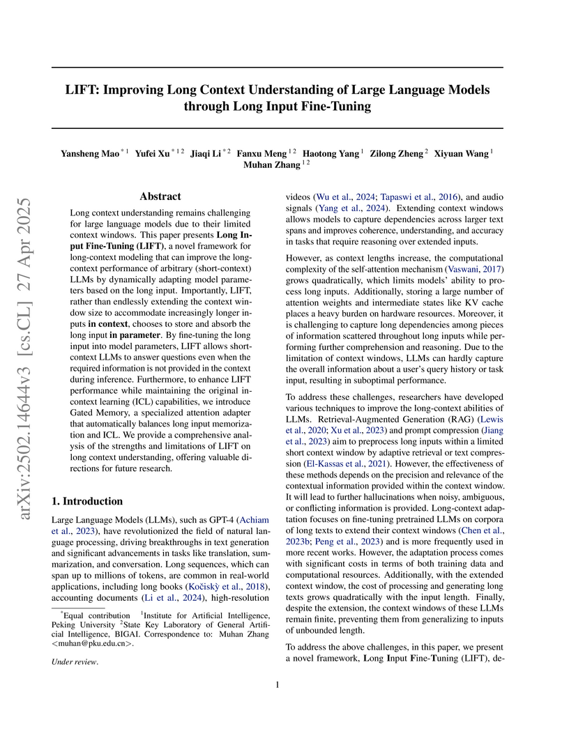 LIFT: Improving Long Context Understanding of Large Language Models through Long Input Fine ...