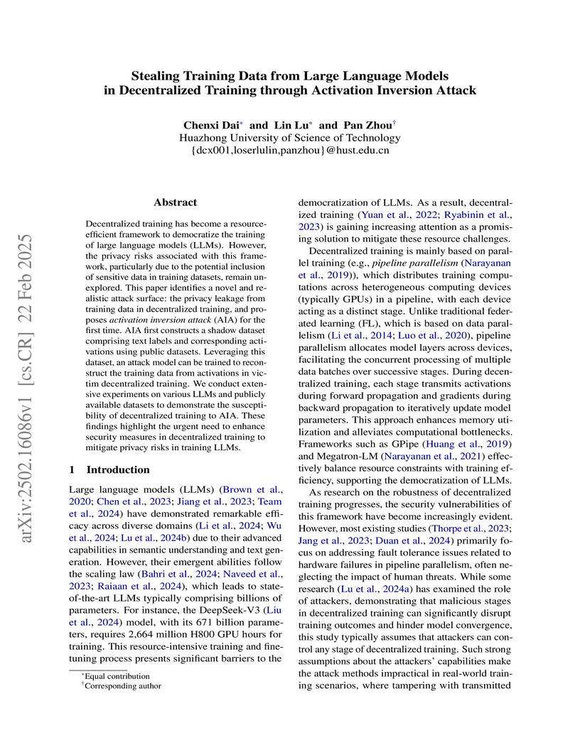 Stealing Training Data from Large Language Models in Decentralized Training through Activation ...