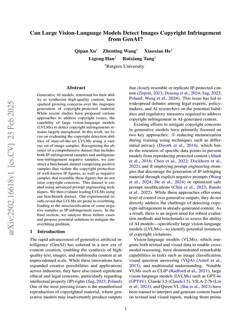 Can Large Vision-Language Models Detect Images Copyright Infringement from GenAI? | alphaXiv