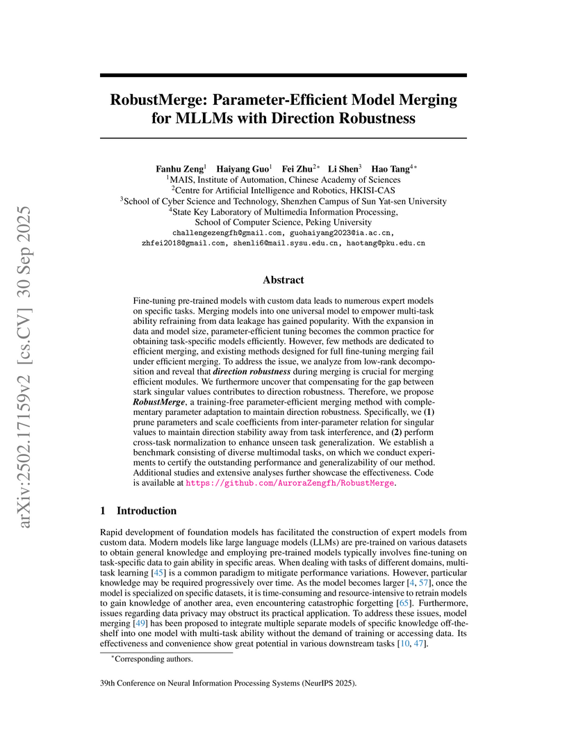 RobustMerge: Parameter-Efficient Model Merging for MLLMs with Direction Robustness | alphaXiv
