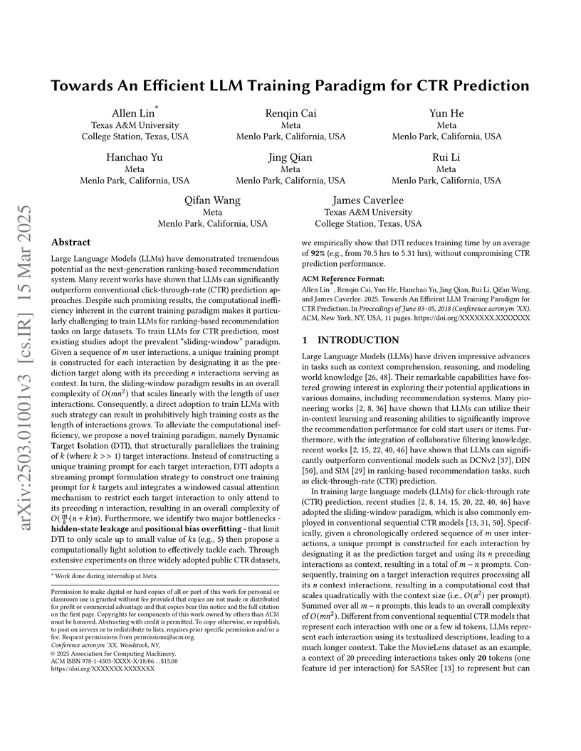 Towards An Efficient LLM Training Paradigm for CTR Prediction | alphaXiv