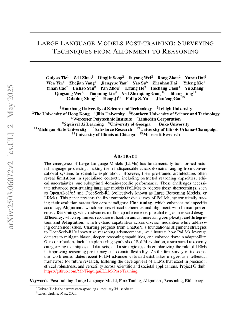 Large Language Models Post-training: Surveying Techniques from Alignment to Reasoning | alphaXiv