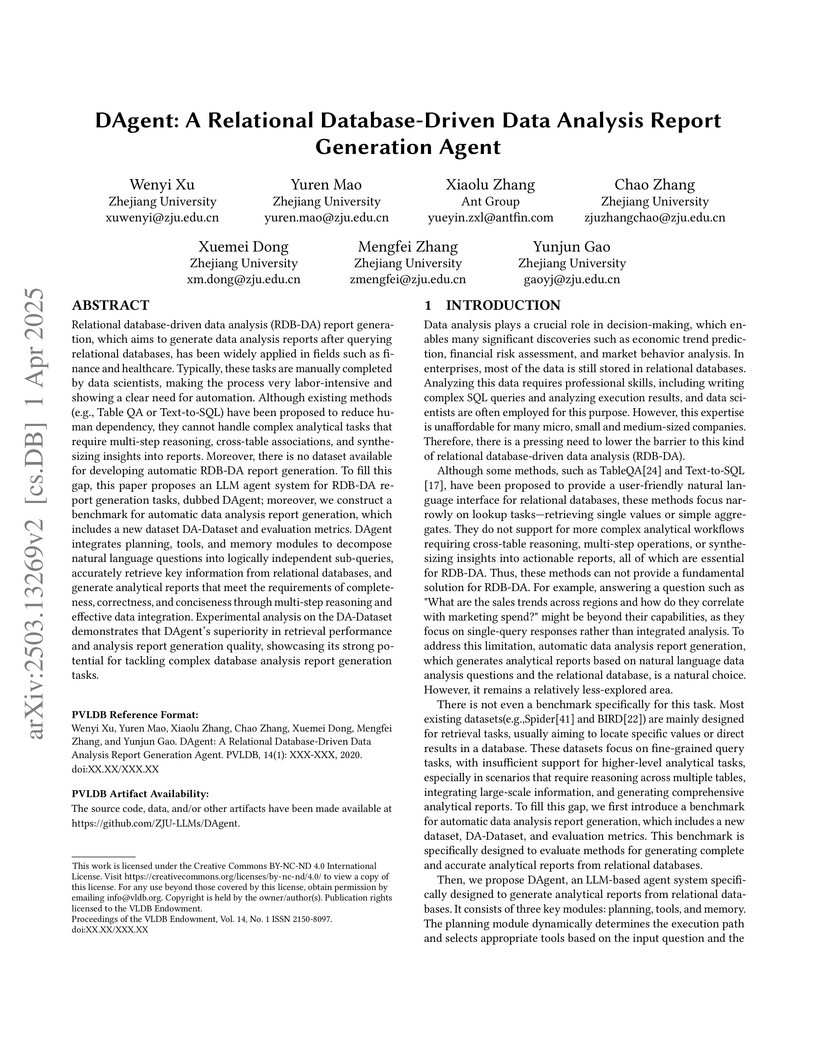 DAgent: A Relational Database-Driven Data Analysis Report Generation Agent | alphaXiv
