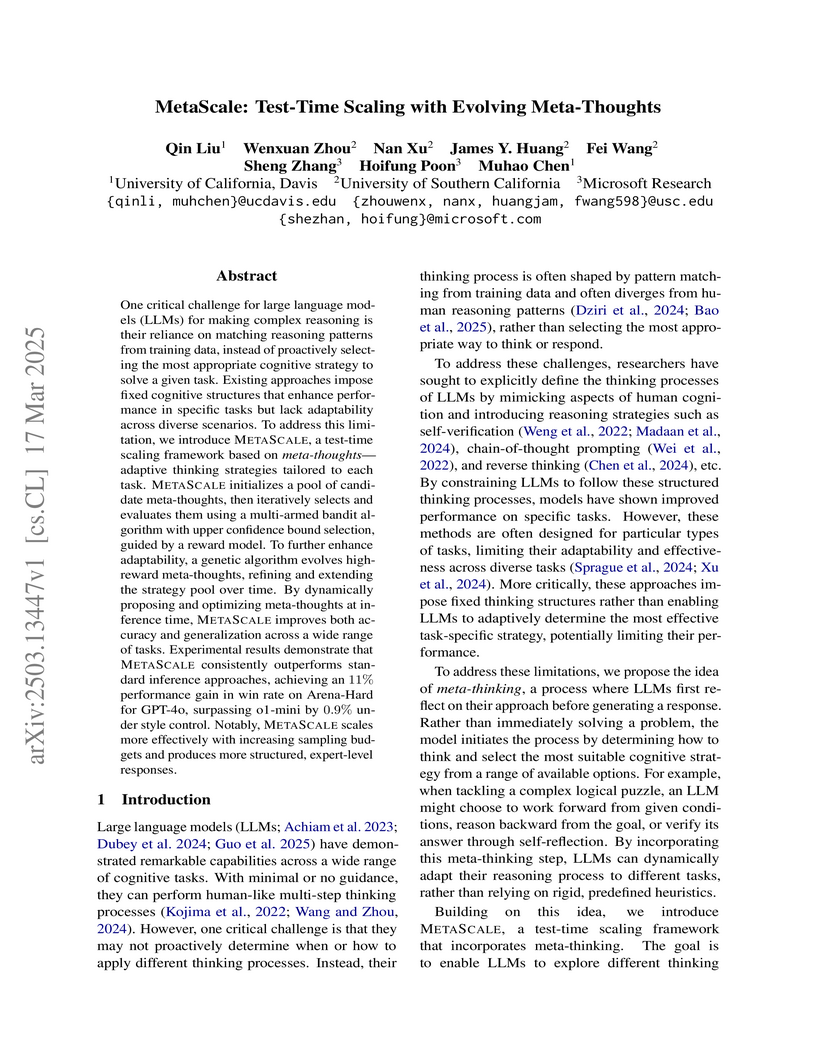 MetaScale: Test-Time Scaling with Evolving Meta-Thoughts | alphaXiv
