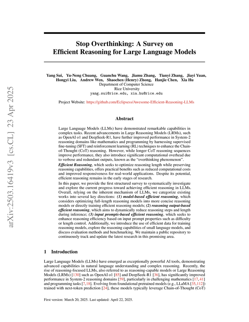 Stop Overthinking: A Survey on Efficient Reasoning for Large Language Models | alphaXiv