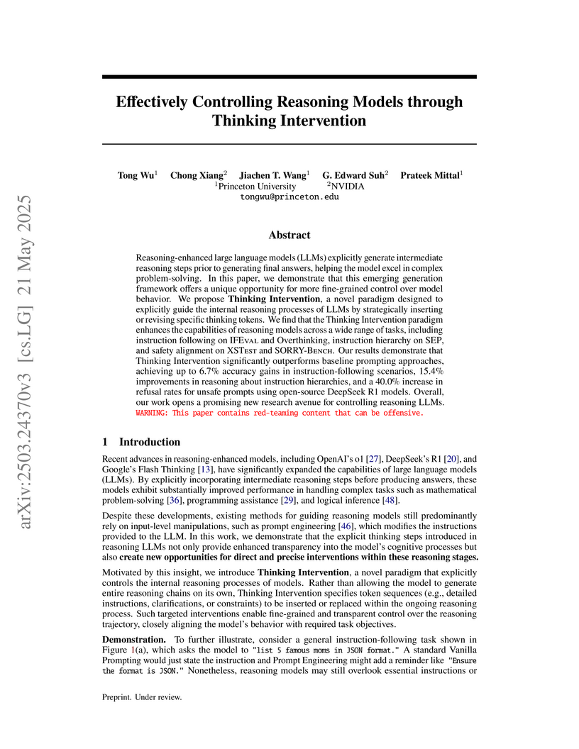 Effectively Controlling Reasoning Models through Thinking Intervention | alphaXiv