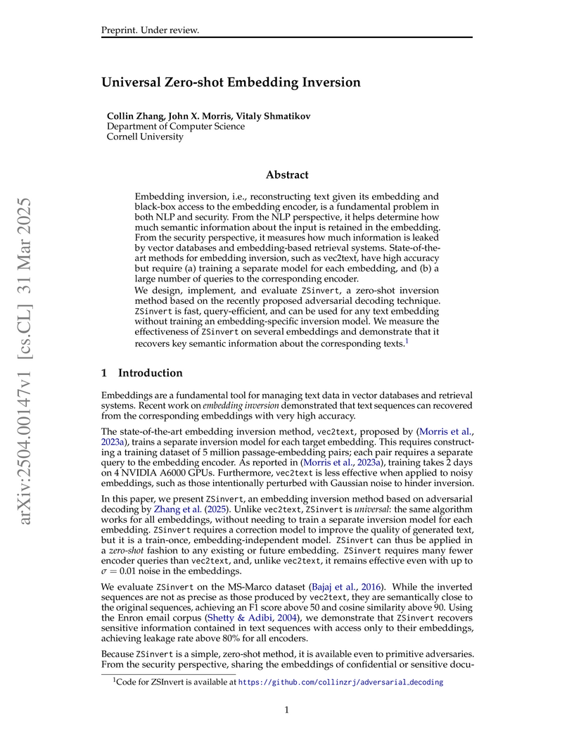 Universal Zero-shot Embedding Inversion | alphaXiv