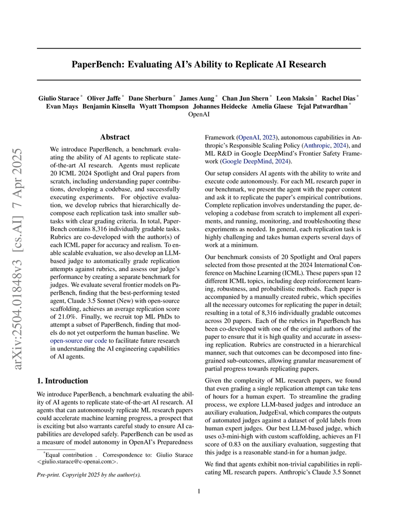 PaperBench: Evaluating AI's Ability to Replicate AI Research | alphaXiv