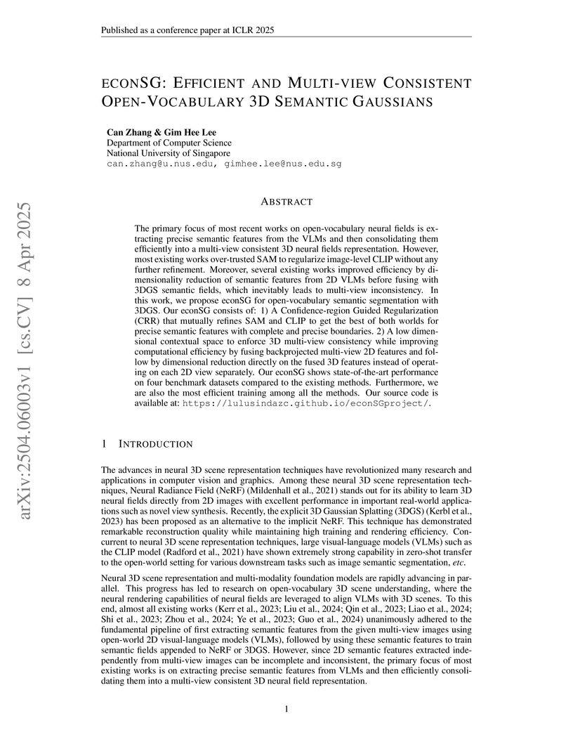 econSG: Efficient and Multi-view Consistent Open-Vocabulary 3D Semantic Gaussians | alphaXiv