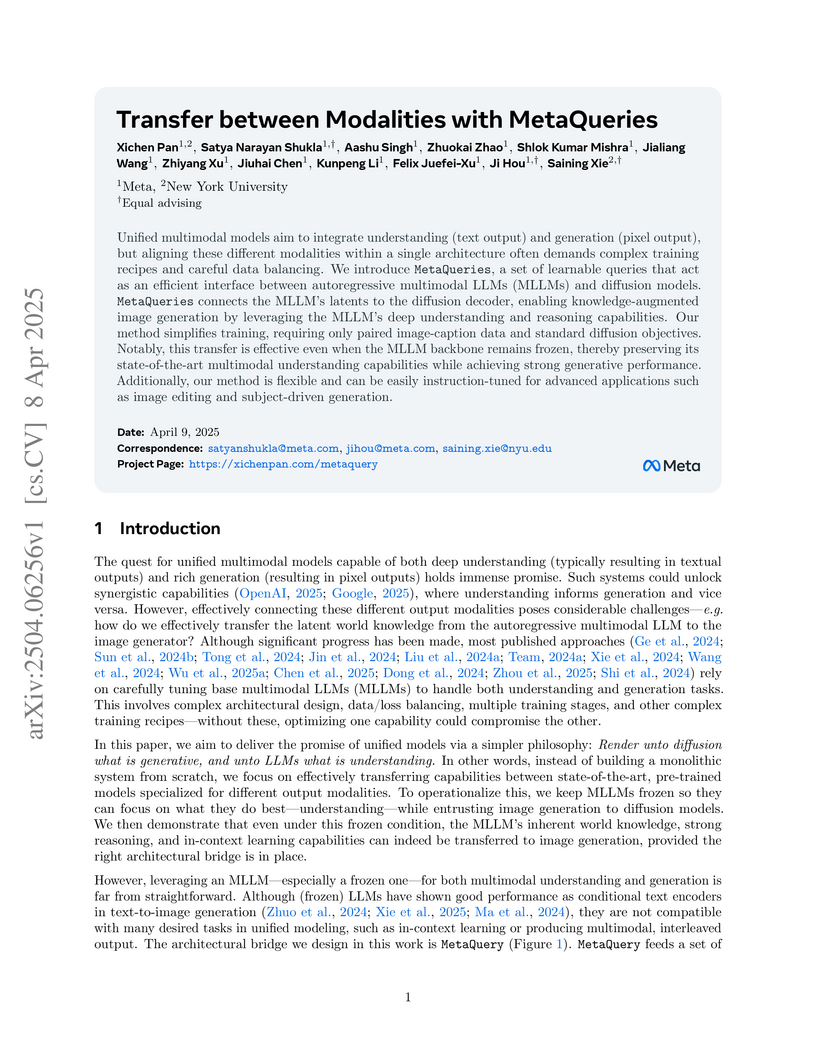 Transfer between Modalities with MetaQueries | alphaXiv