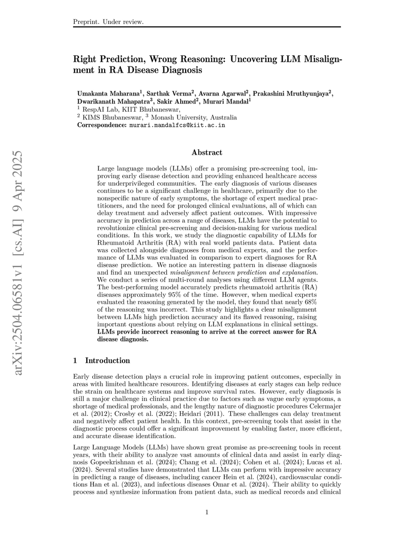Right Prediction, Wrong Reasoning: Uncovering LLM Misalignment in RA Disease Diagnosis | alphaXiv