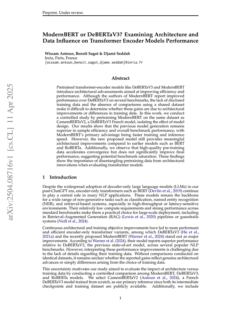 ModernBERT or DeBERTaV3? Examining Architecture and Data Influence on Transformer Encoder Models ...