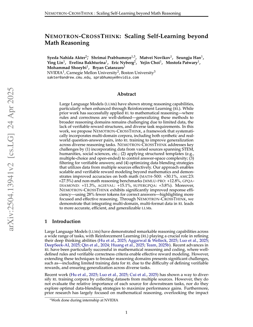 Nemotron-CrossThink: Scaling Self-Learning beyond Math Reasoning | alphaXiv