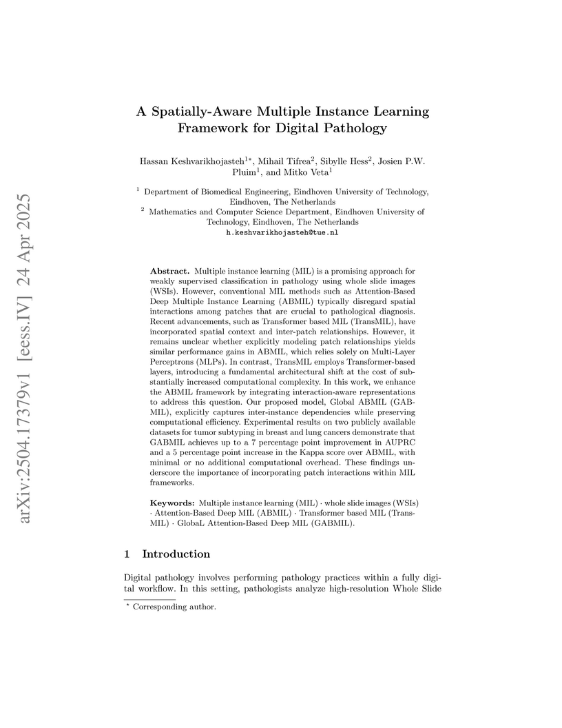 A Spatially-Aware Multiple Instance Learning Framework for Digital Pathology | alphaXiv