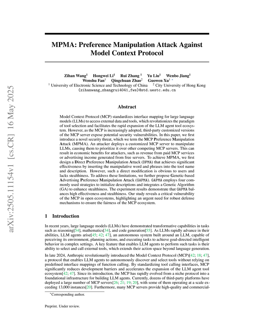MPMA: Preference Manipulation Attack Against Model Context Protocol | alphaXiv