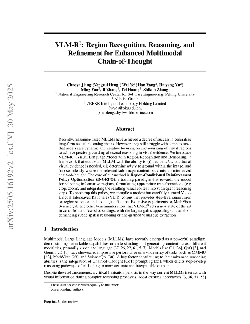 VLM-R$^3$: Region Recognition, Reasoning, and Refinement for Enhanced Multimodal Chain-of ...