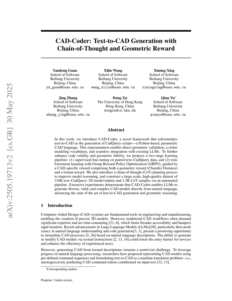 CAD-Coder: Text-to-CAD Generation with Chain-of-Thought and Geometric Reward | alphaXiv