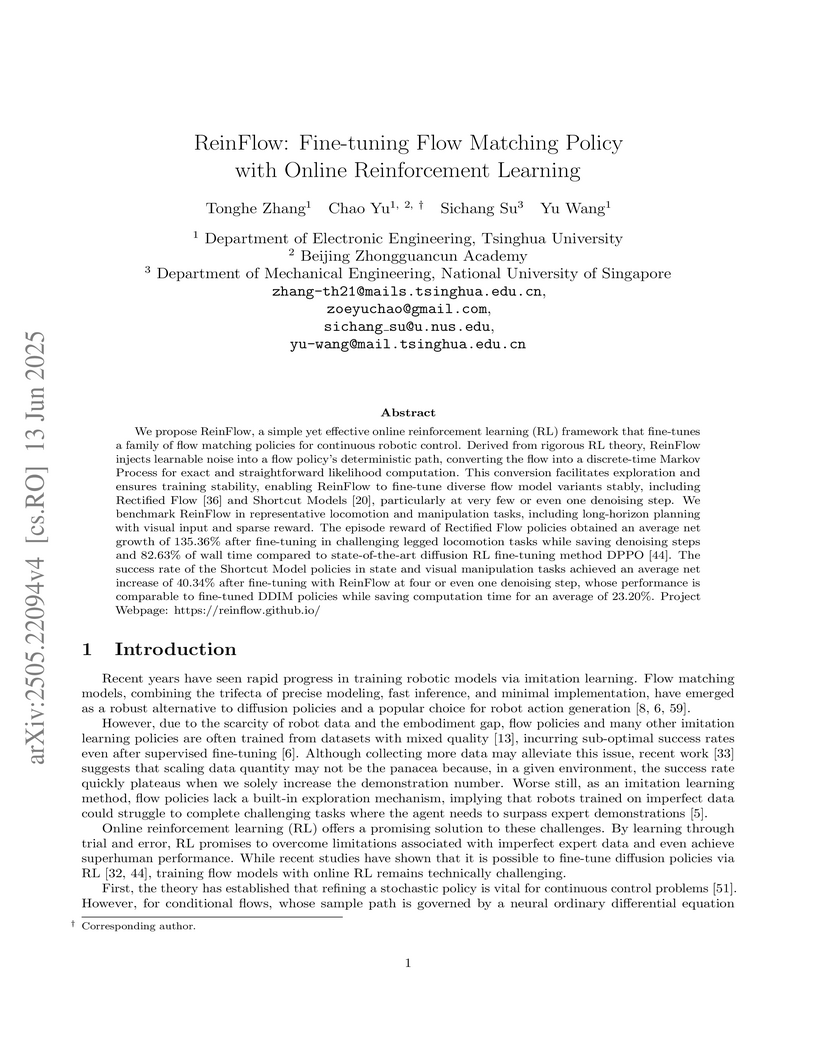 ReinFlow: Fine-tuning Flow Matching Policy with Online Reinforcement Learning | alphaXiv