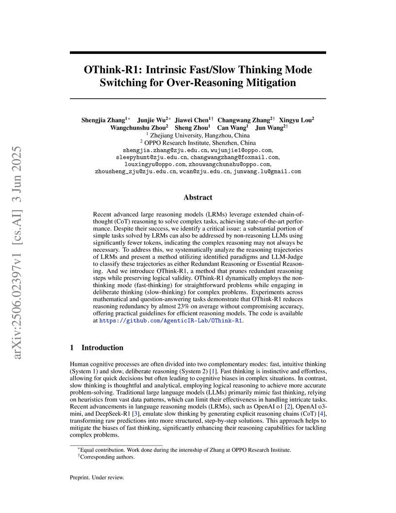 OThink-R1: Intrinsic Fast/Slow Thinking Mode Switching for Over-Reasoning Mitigation | alphaXiv