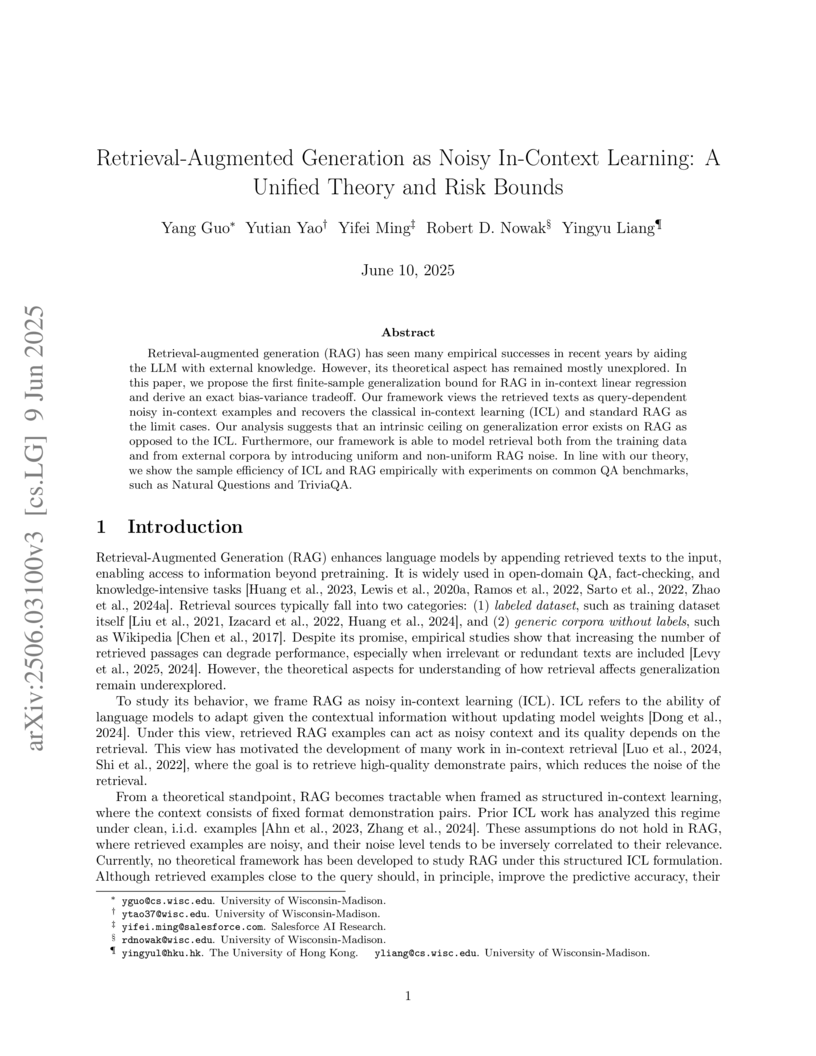 Retrieval-Augmented Generation as Noisy In-Context Learning: A Unified Theory and Risk Bounds ...