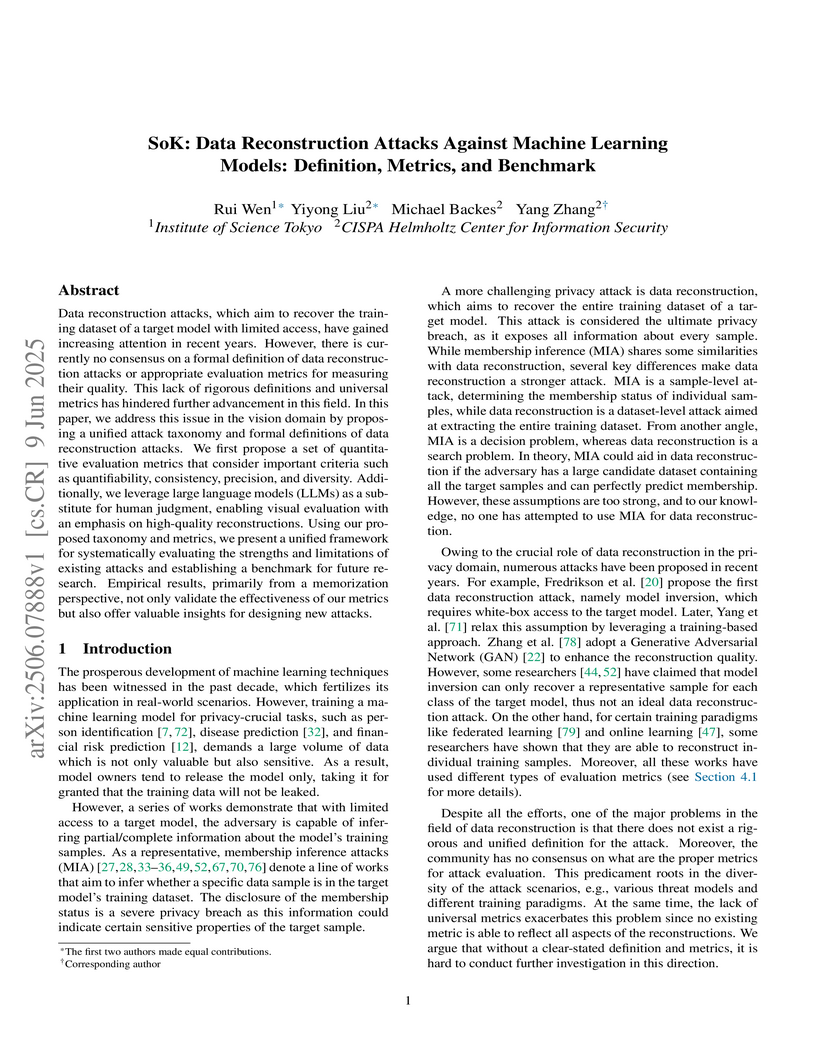SoK: Data Reconstruction Attacks Against Machine Learning Models: Definition, Metrics, and ...