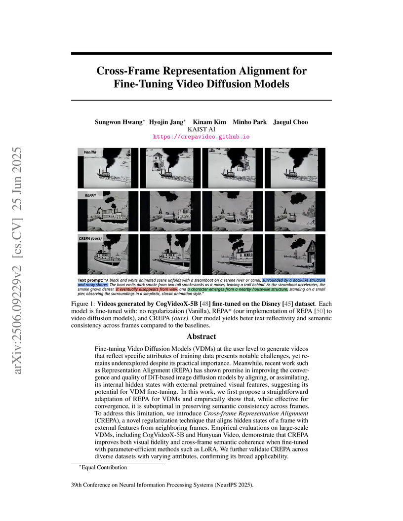 Cross-Frame Representation Alignment for Fine-Tuning Video Diffusion Models | alphaXiv