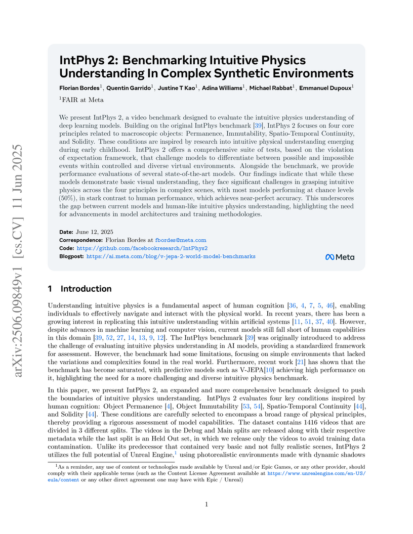 IntPhys 2: Benchmarking Intuitive Physics Understanding In Complex Synthetic Environments | alphaXiv