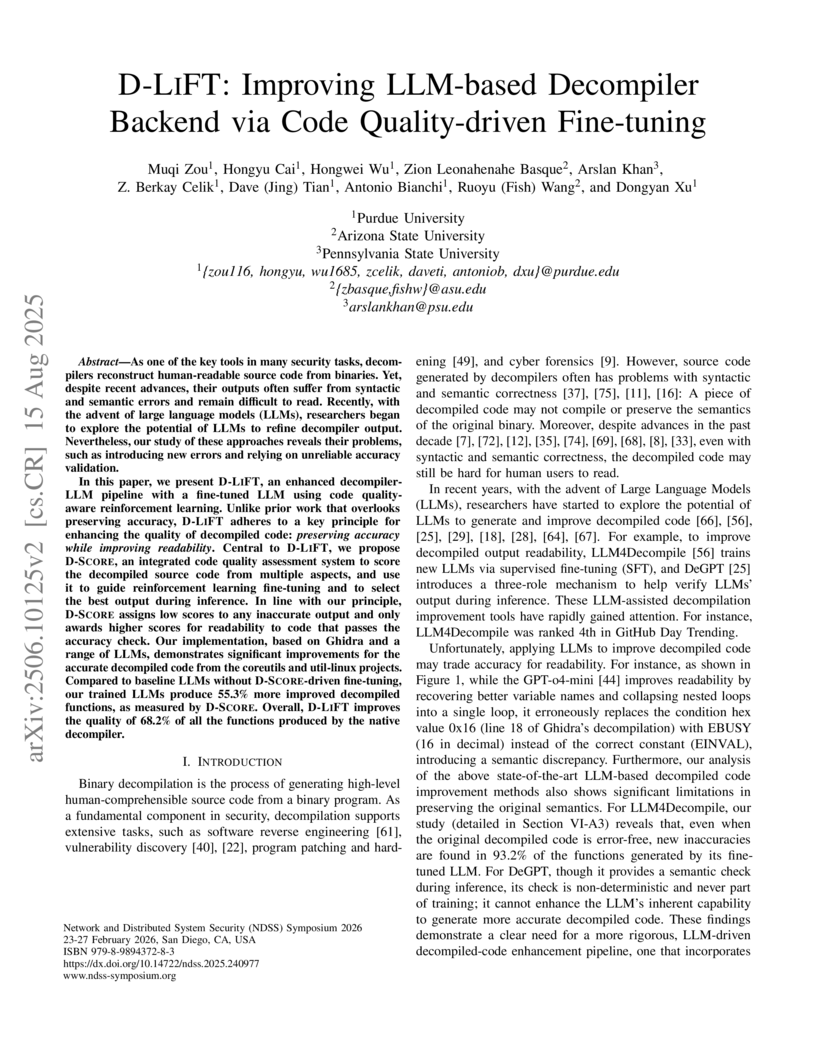 D-LiFT: Improving LLM-based Decompiler Backend via Code Quality-driven Fine-tuning | alphaXiv