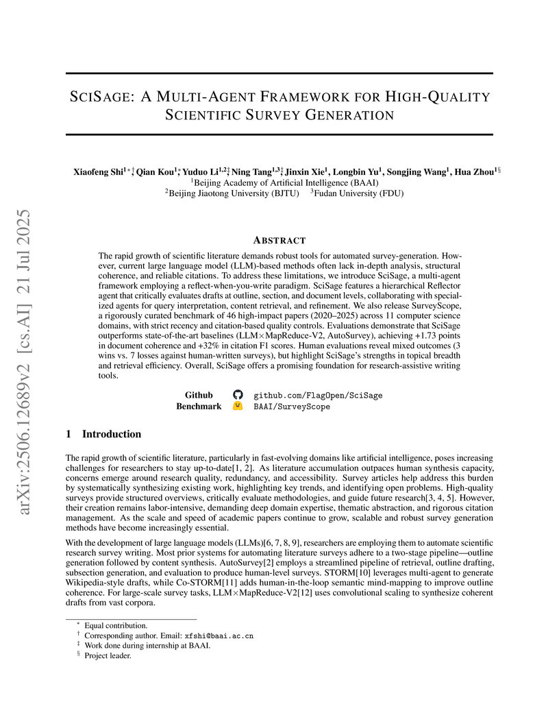 SciSage: A Multi-Agent Framework for High-Quality Scientific Survey Generation | alphaXiv