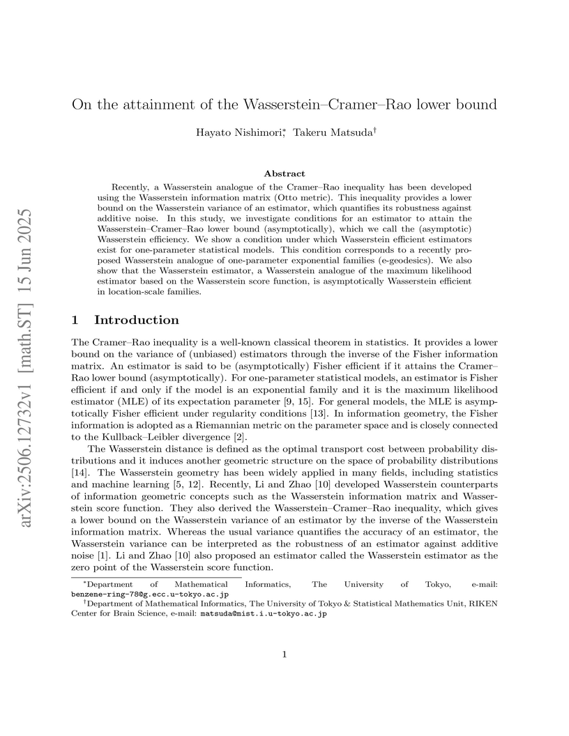 On the attainment of the Wasserstein--Cramer--Rao lower bound | alphaXiv