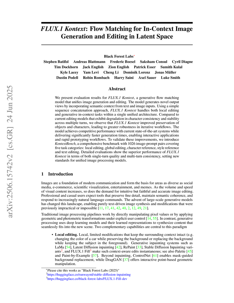 FLUX.1 Kontext: Flow Matching for In-Context Image Generation and Editing in Latent Space | alphaXiv