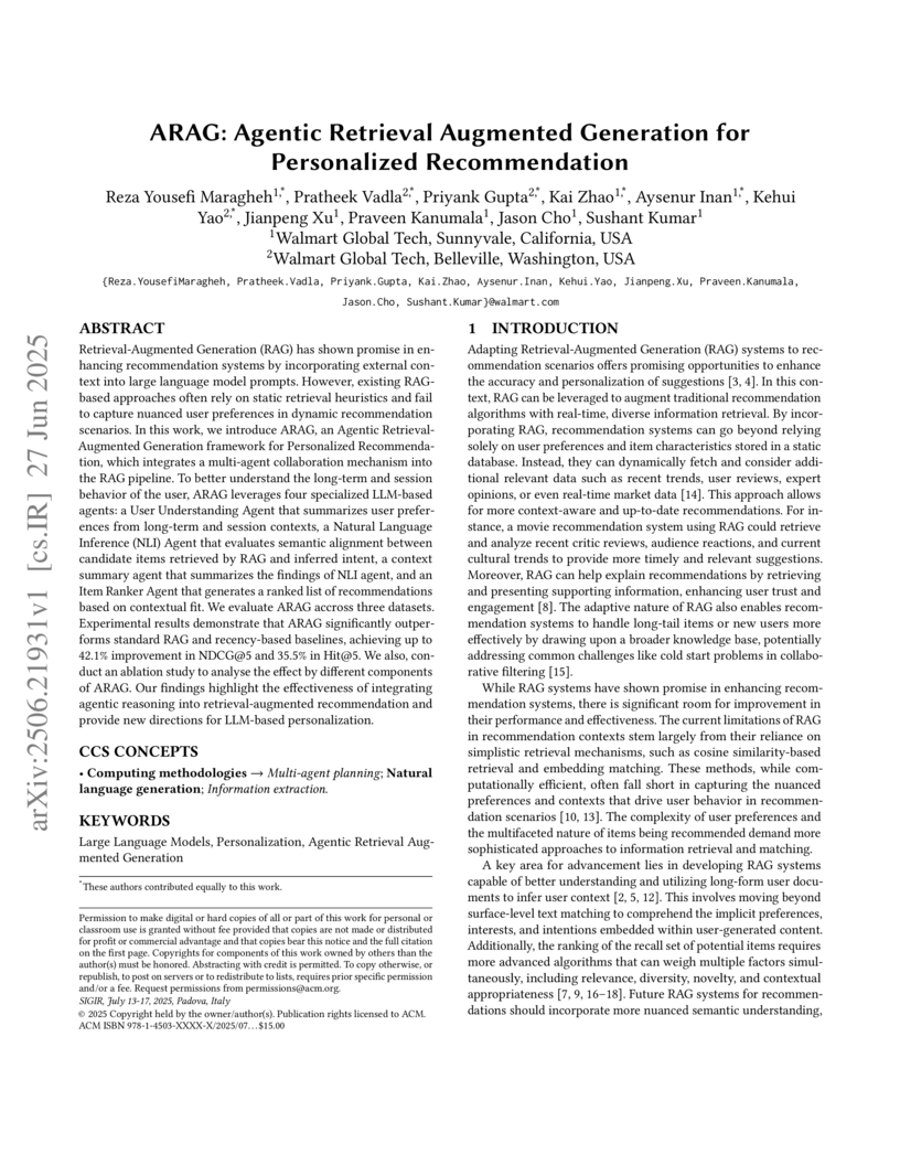 ARAG: Agentic Retrieval Augmented Generation for Personalized Recommendation | alphaXiv