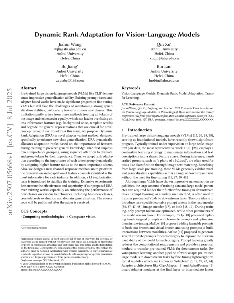 Dynamic Rank Adaptation for Vision-Language Models | alphaXiv