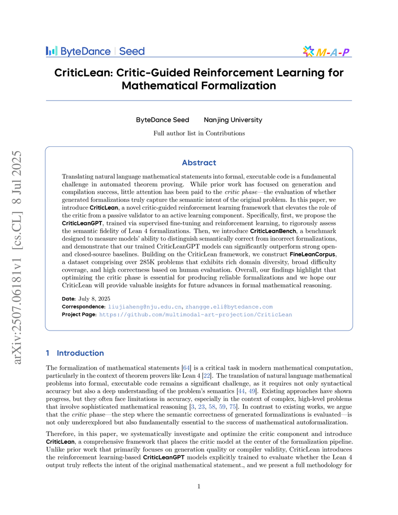 CriticLean: Critic-Guided Reinforcement Learning for Mathematical Formalization | alphaXiv